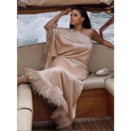 One Hand Off Shoulder Feather Dress — YELLOW SUB TRADING