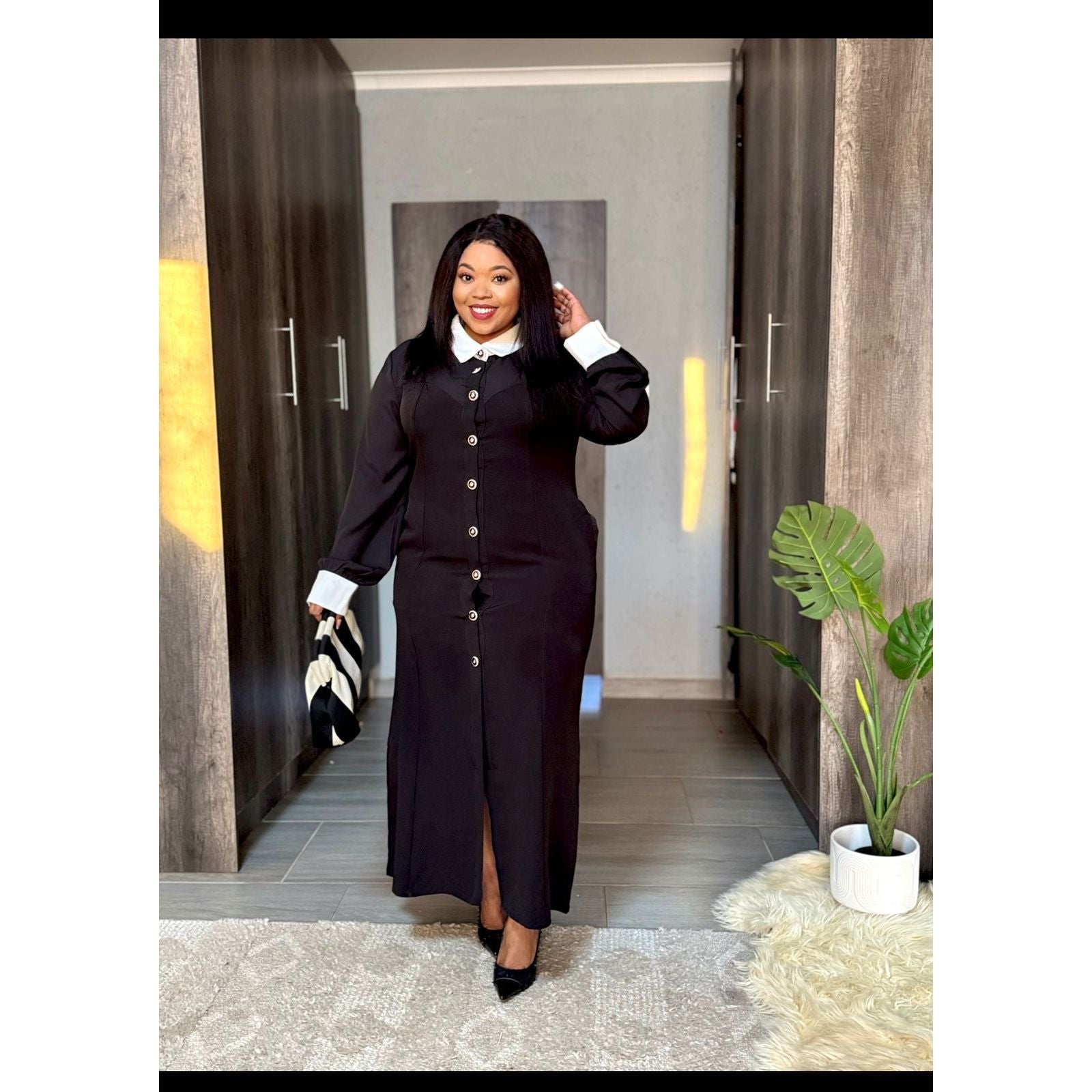 Ruffle Stand Collar Flared Sleeve Fitted Fishtail Hem Elegant Long Dress