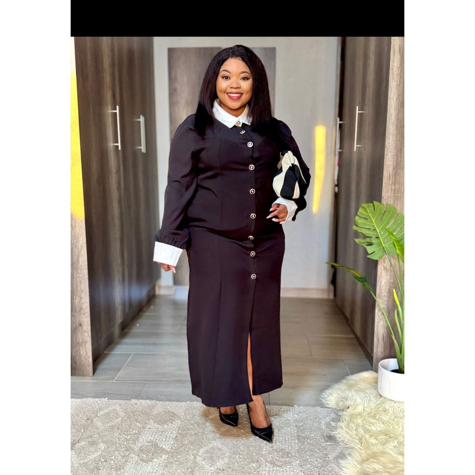 Ruffle Stand Collar Flared Sleeve Fitted Fishtail Hem Elegant Long Dre ...