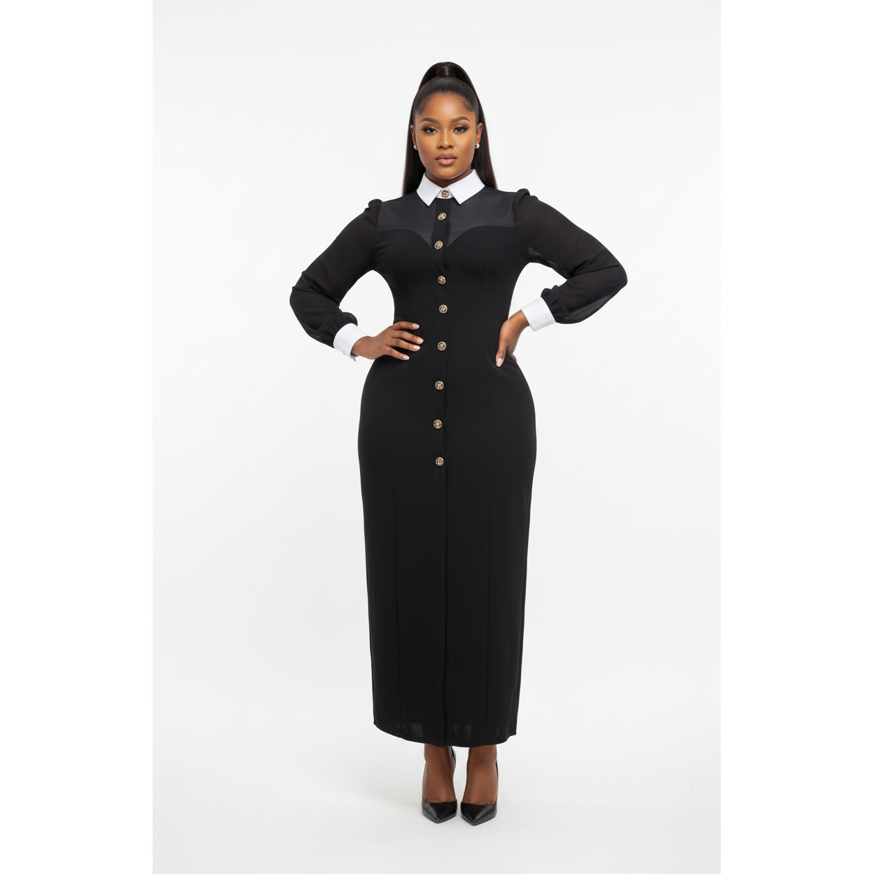 Ruffle Stand Collar Flared Sleeve Fitted Fishtail Hem Elegant Long Dress