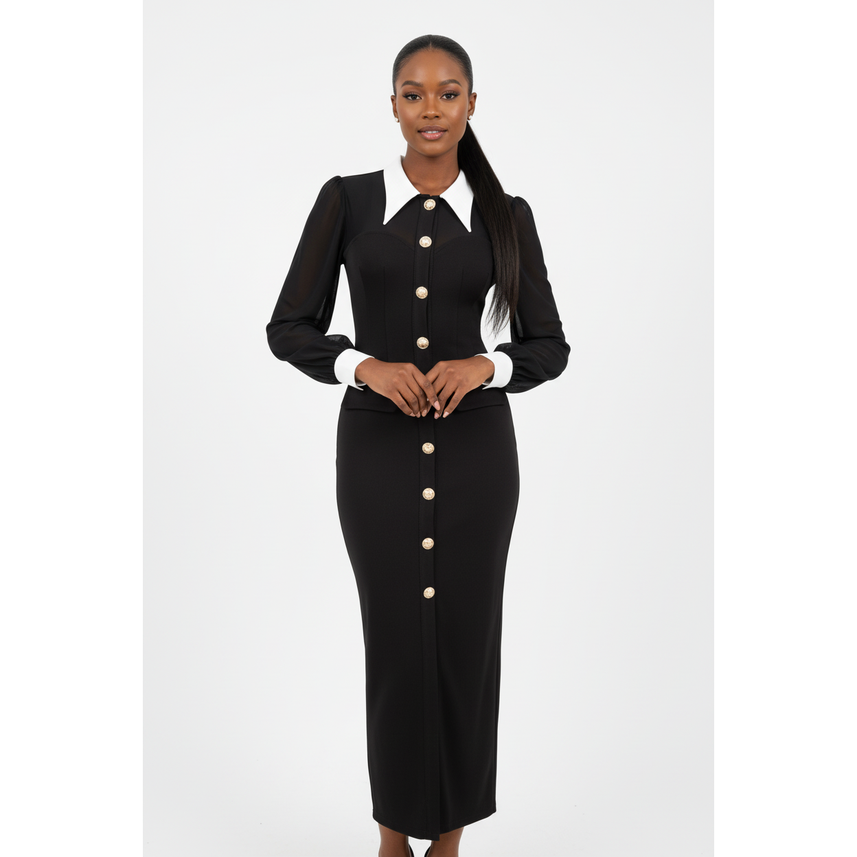 Ruffle Stand Collar Flared Sleeve Fitted Fishtail Hem Elegant Long Dress