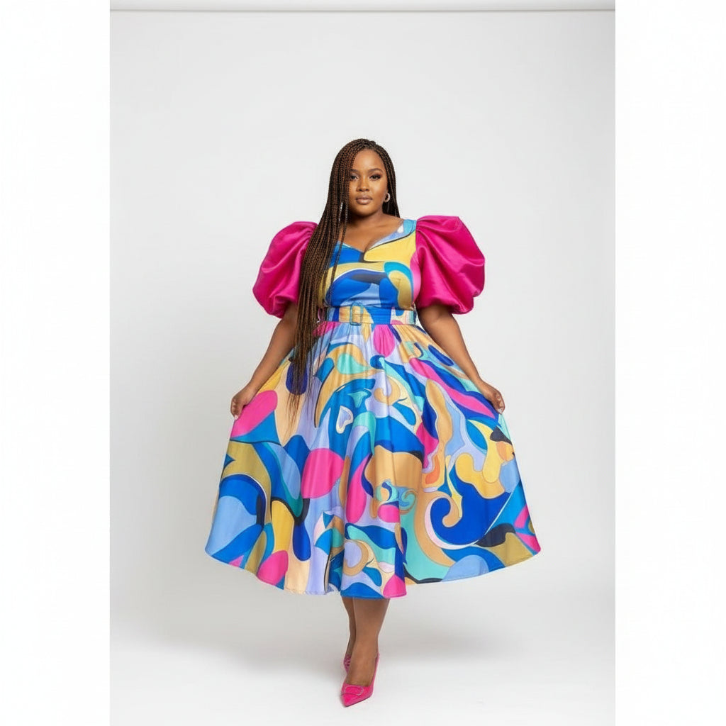 Multi-color Puffy Shoulders Midi Dress. – YELLOW SUB TRADING