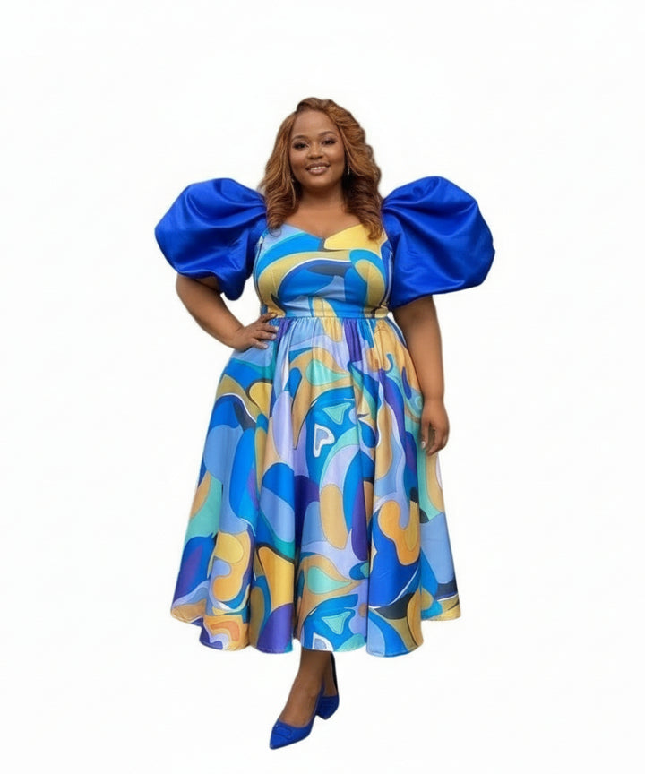 Multi-color Puffy Shoulders Midi Dress. – YELLOW SUB TRADING