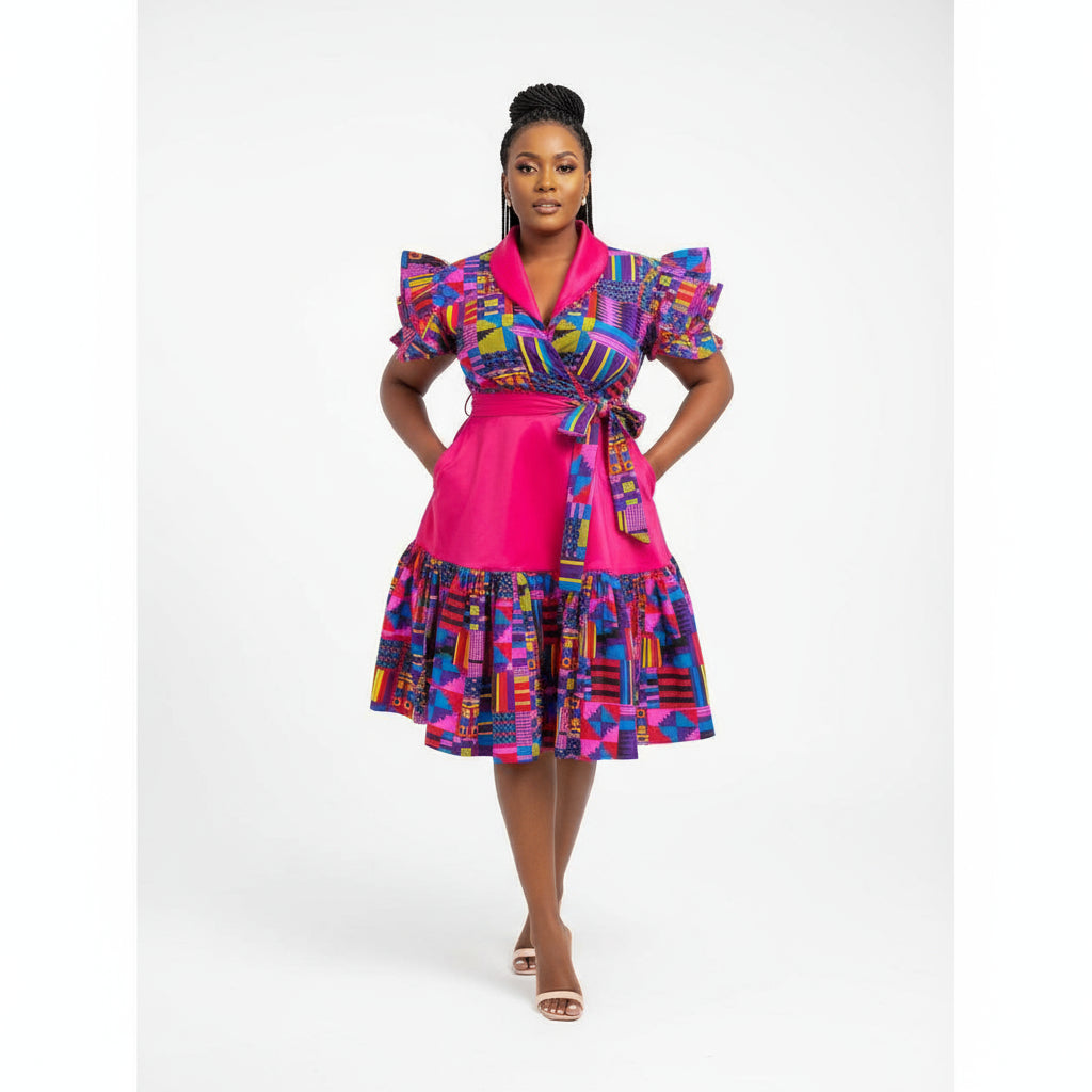 Lace Puffy Short Sleeve Wrap Around Pocket African Traditional Dress ...