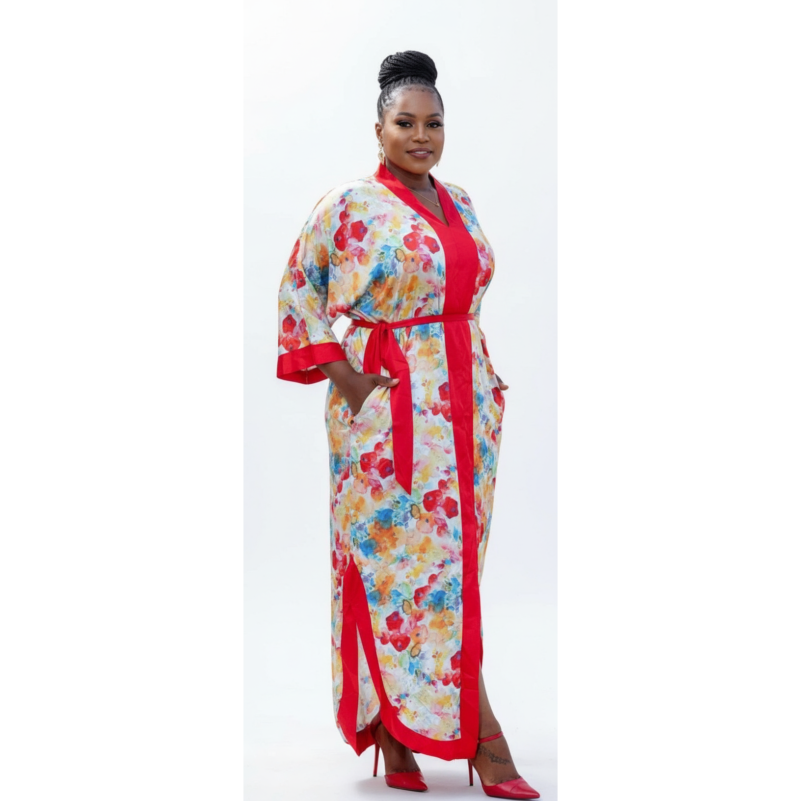 Colorful Floral Print Robe with Red Trim Dress – YELLOW SUB TRADING