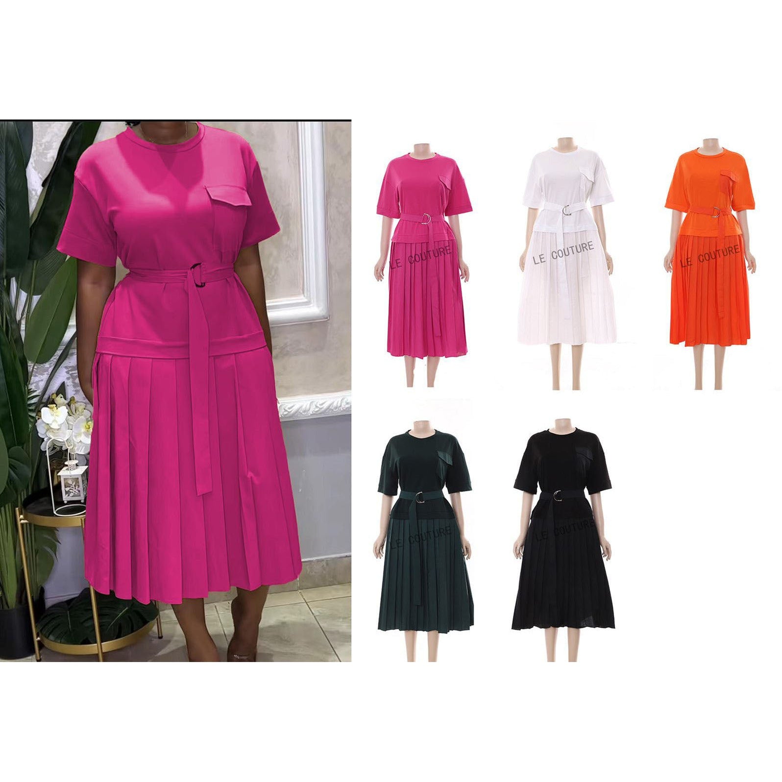 Pleated Short Sleeve Solid Color Dress — YELLOW SUB TRADING