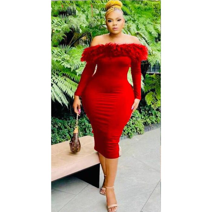 Bodycon Off Shoulder Feather Dress — YELLOW SUB TRADING