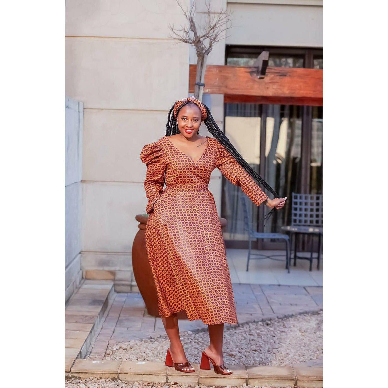 V-Neck Long Sleeve Ankara Dress — YELLOW SUB TRADING