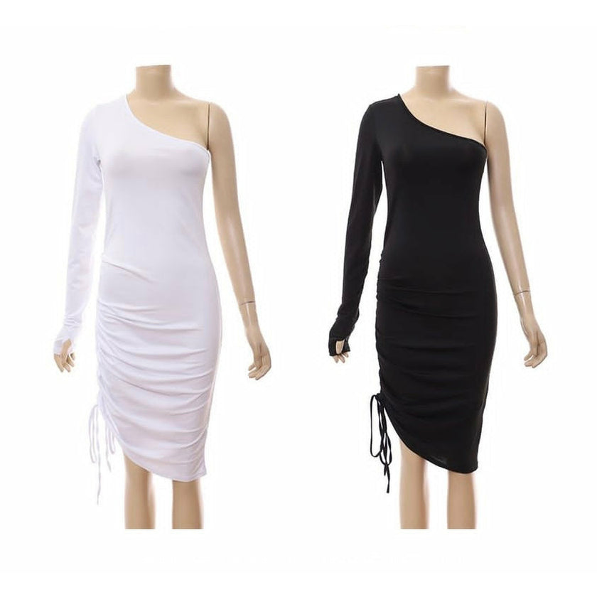 Single Shoulder Long Sleeve Drawstring Dress — YELLOW SUB TRADING